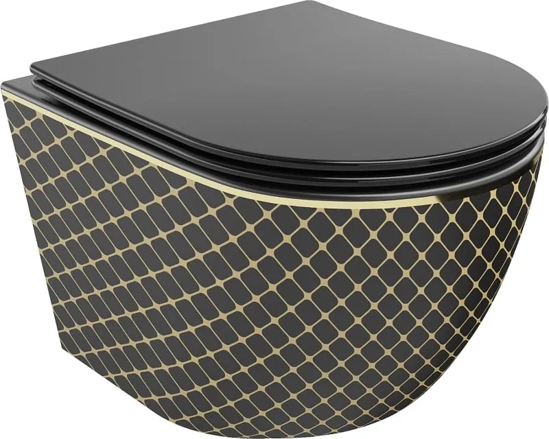 Mexen Lena WC mísa Rimless se záchodovým prkénkem s pomalým sklápěním slim, duroplast, černá mat/zlatý vzor mřížka