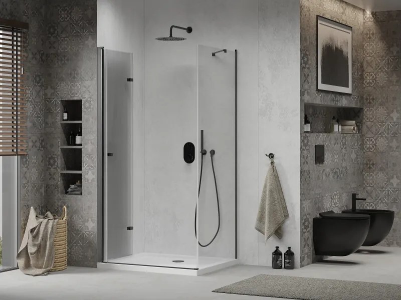 Mexen Lima, sprchový kout se skládacími dveřmi 80 (dveře) x 70 (stěna) cm, 6mm čiré sklo, černý profil + slim sprchová vanička bílá s černým sifonem, 856-080-070-70-00-4010B