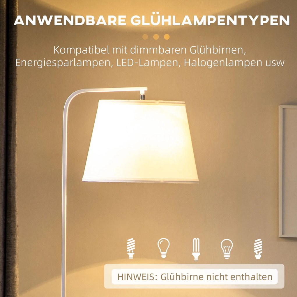 HOMCOM Stojací lampa 162 cm 40 W Stojací lampa se 2 policemi a plátěným stínidlem z bílého kovu do obývacího pokoje a ložnice