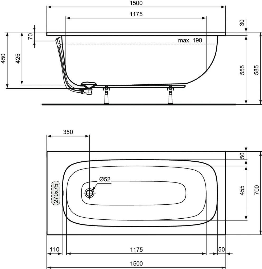 Ideal Standard i.life - Obdélníková vana 150x70 cm, bílá T475701