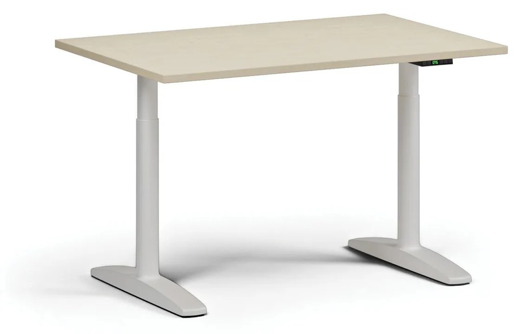 Výškově nastavitelný stůl OBOL, elektrický, 675-1325 mm, deska 1200x800 mm, bílá zaoblená podnož, třešeň