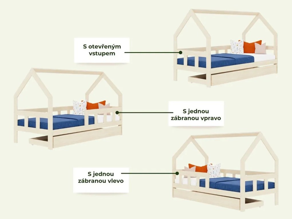 Benlemi Dětská postel domeček FENCE 2v1 ze dřeva se zábranou a úložným šuplíkem Zvolte barvu: Světle modrá, Zvolte rozměr: 120x200 cm, Zvolte zábranu: S otevřeným vstupem