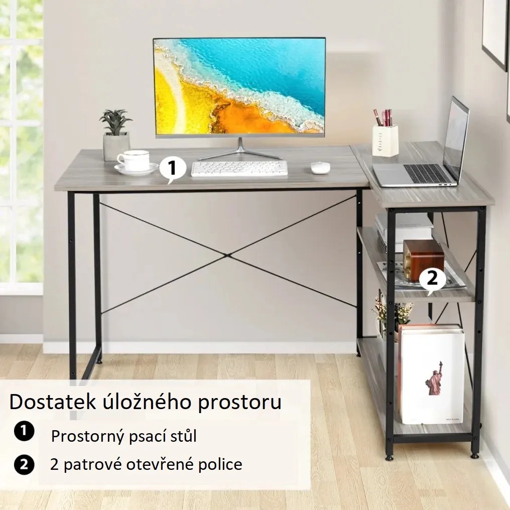 Rohový kancelářský PC stůl tvaru L s policemi, šedý, 120 x 88 x 74,5 cm CB10121GR