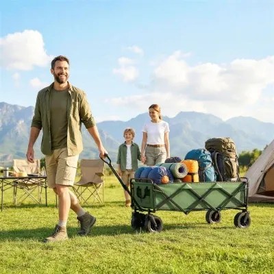 Outsunny skládací zahradní vozík 130 l s koly, robustní přívěs s brzdami, nastavitelná rukojeť, zelená