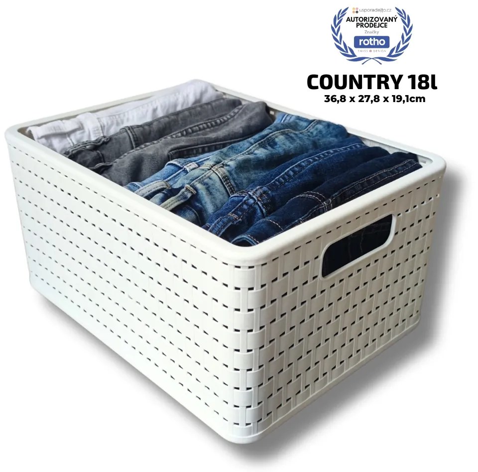 Rotho Plastový košík COUNTRY, rovný, bílý (18l - 37x28x19)