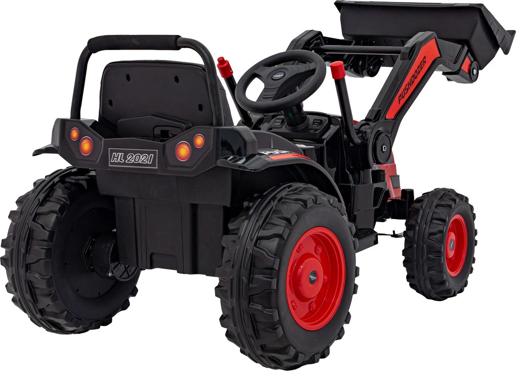 Ramiz Dětský bagr-traktor na baterie červený + pohyblivé rameno s lžící + dálkové ovládání + pomalý start + FM rádio + LED