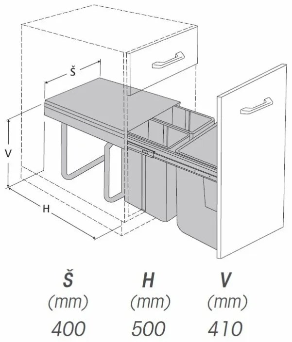 Výsuvný odpadkový 3-koš Komfort s úchyty dvířek, 1x20 l + 2x10 l, K45-šedý plas