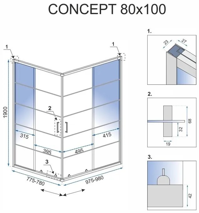 Obdélníkový sprchový kout REA CONCEPT 80x100 cm, černý se sprchovou vaničkou Savoy černá