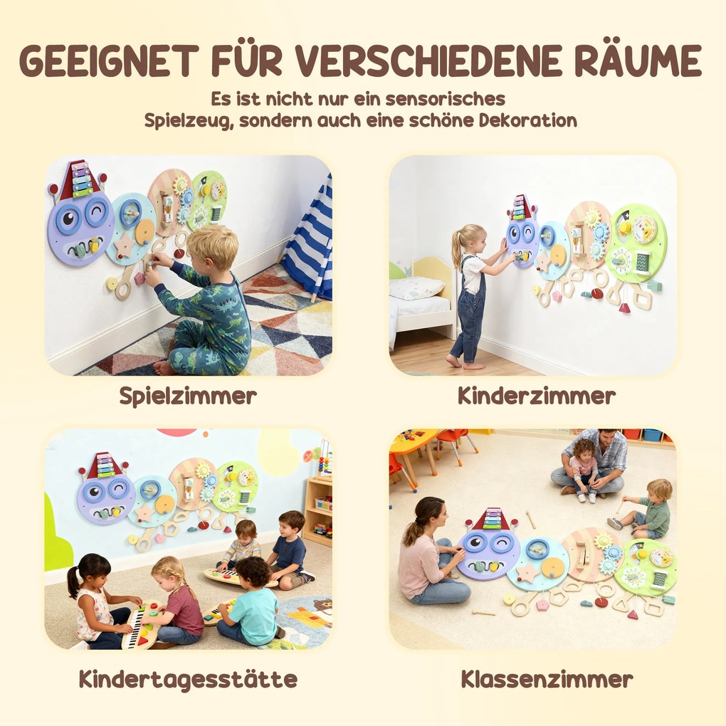 AIYAPLAY 7v1 nástěnné hračky, xylofon, ozubená kola, design housenek, MDF, 108 cm, barevné