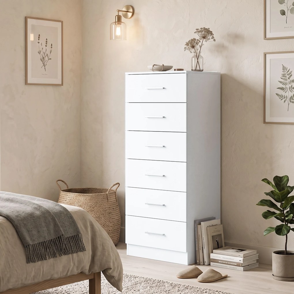 HOMCOM Komoda se 6 zásuvkami, moderní ložnicová komoda, úložná skříňka, 40 x 110 cm, bílá s dekorativním dřevěným vzhledem