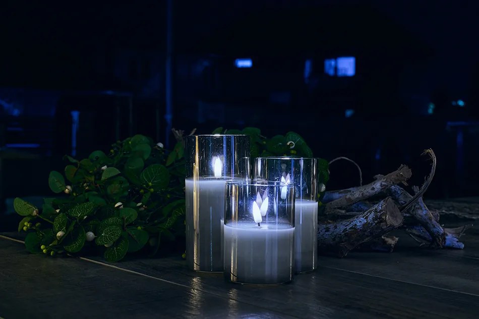 Sada 3 LED svíček ve skle, šedá, Ø 7,5 × 10/12,5/15 cm, s dálkovým ovladačem