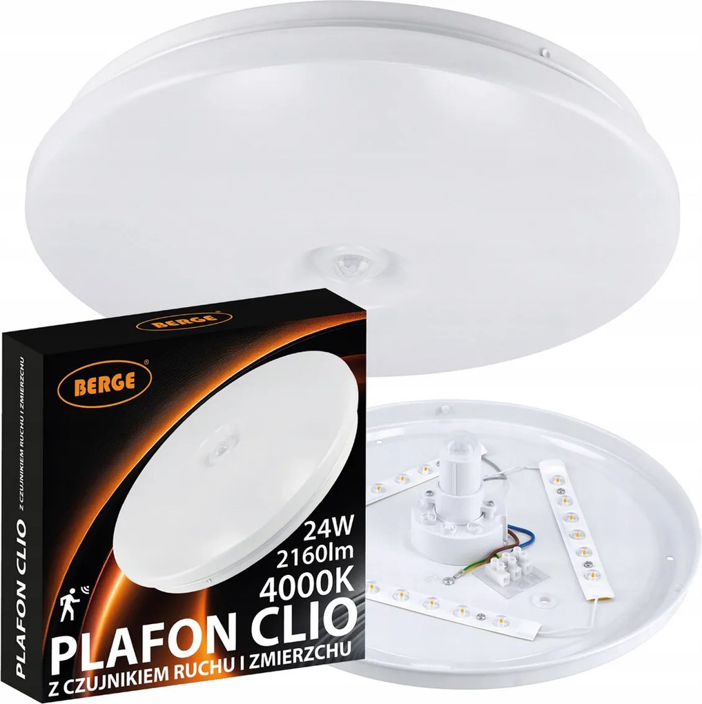 BERGE Stropní panel LED 24W CLIO, kulatý, s pohybovým a soumrakovým senzorem