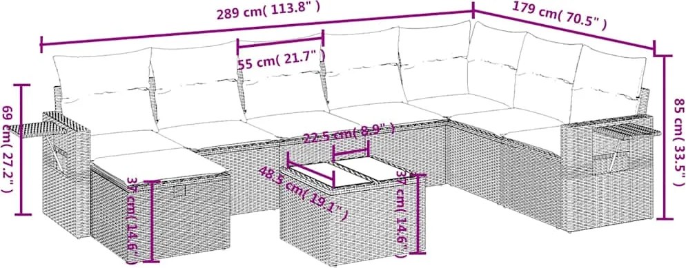9dílná zahradní sedací souprava s poduškami černá polyratan 3263901