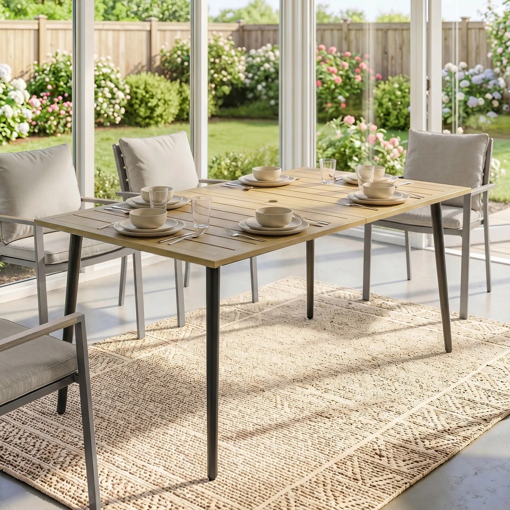 Outsunny Zahradní stůl 150x90cm, ocelový balkonový stůl odolný proti povětrnostním vlivům, balkonový stůl s otvorem pro slunečník hnědý
