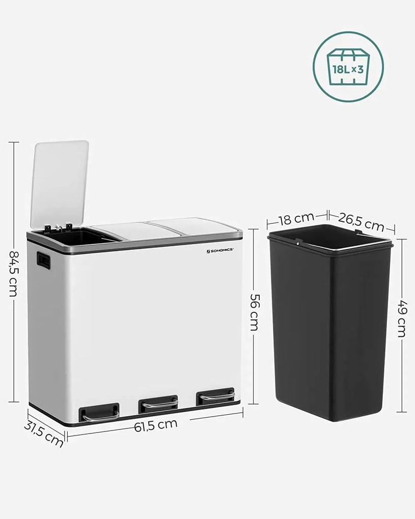 Kuchyňský pedálový odpadkový box, selektivní sběr odpadu, 3 x 18 l, bílý