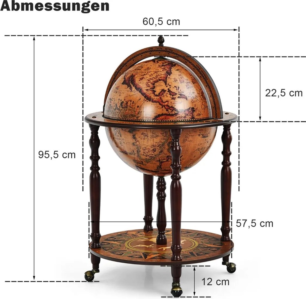 Costway Globe Bar Cabinet Barový vozík s kolečky a víkem Stojan na víno