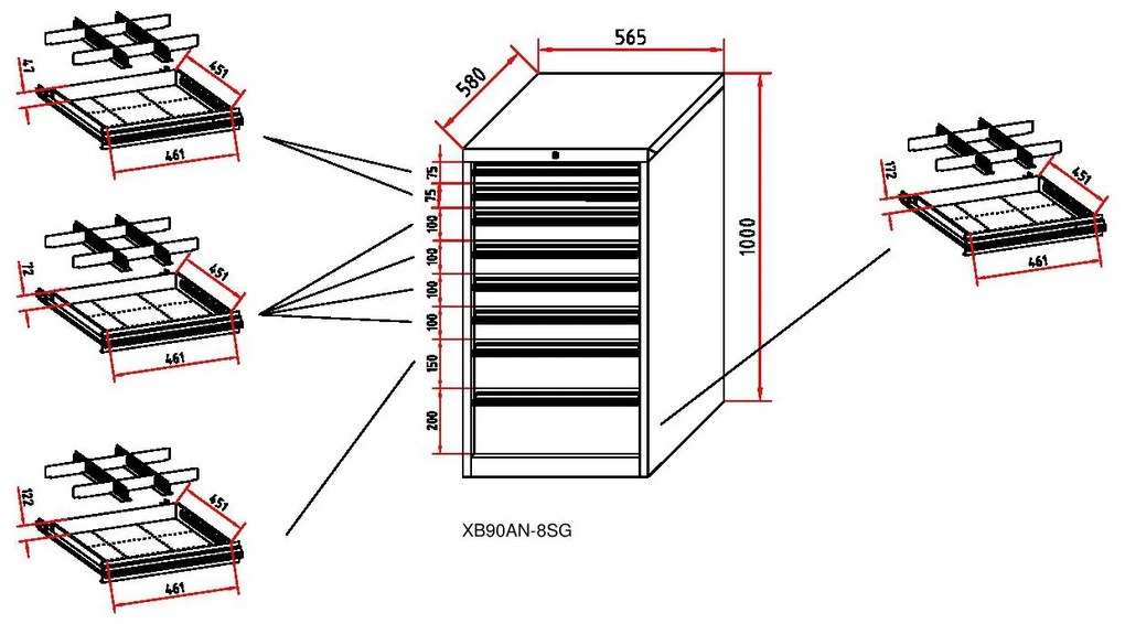 Dílenská zásuvková skříň na nářadí WL/BL, 8 zásuvek, 565 x 580 x 1000 mm