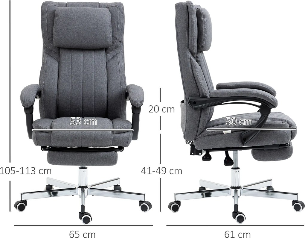 Kancelářská židle Vinsetto s 5 masážními režimy ergonomická kancelářská židle s funkcí polohování výškově nastavitelná podnožka vzhled lnu šedá