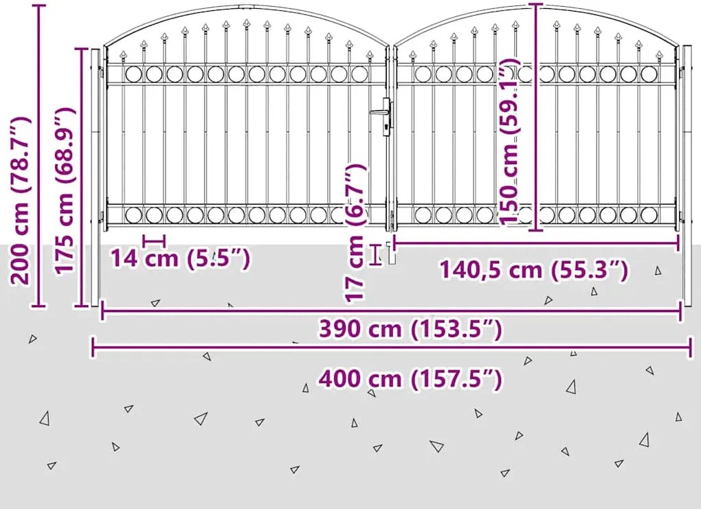 Plotová brána ASSEN dvoukřídlé dveře s klenutým vrškem ocel 400 x 150 cm 143094