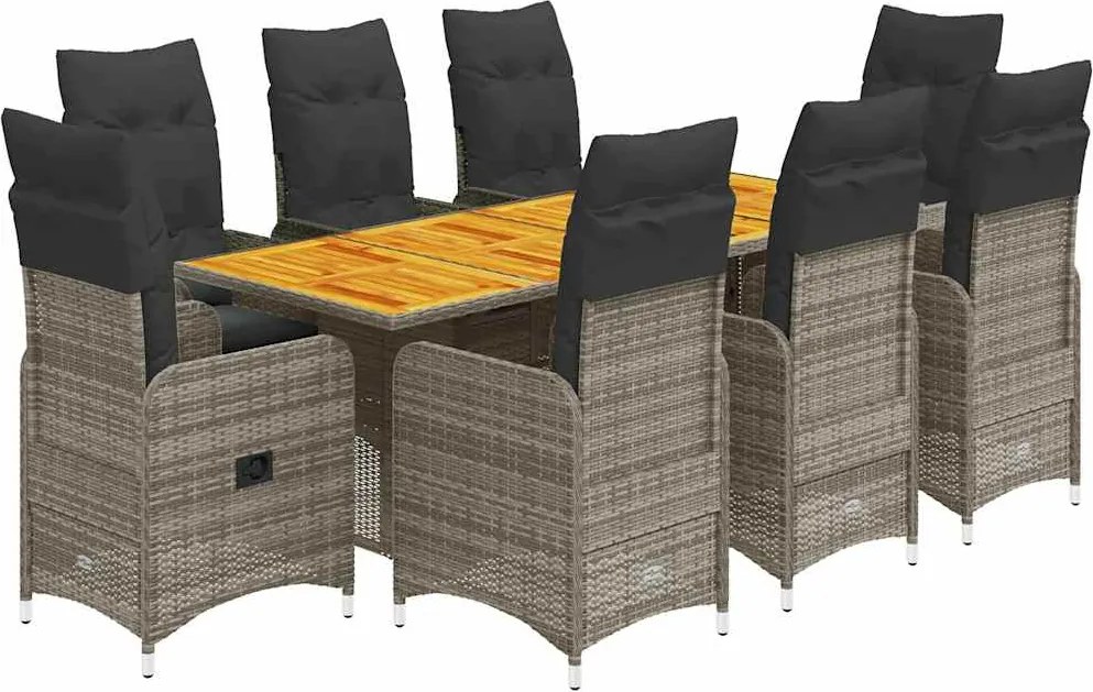 9dílný zahradní bistro set s poduškami šedý polyratan 3277029