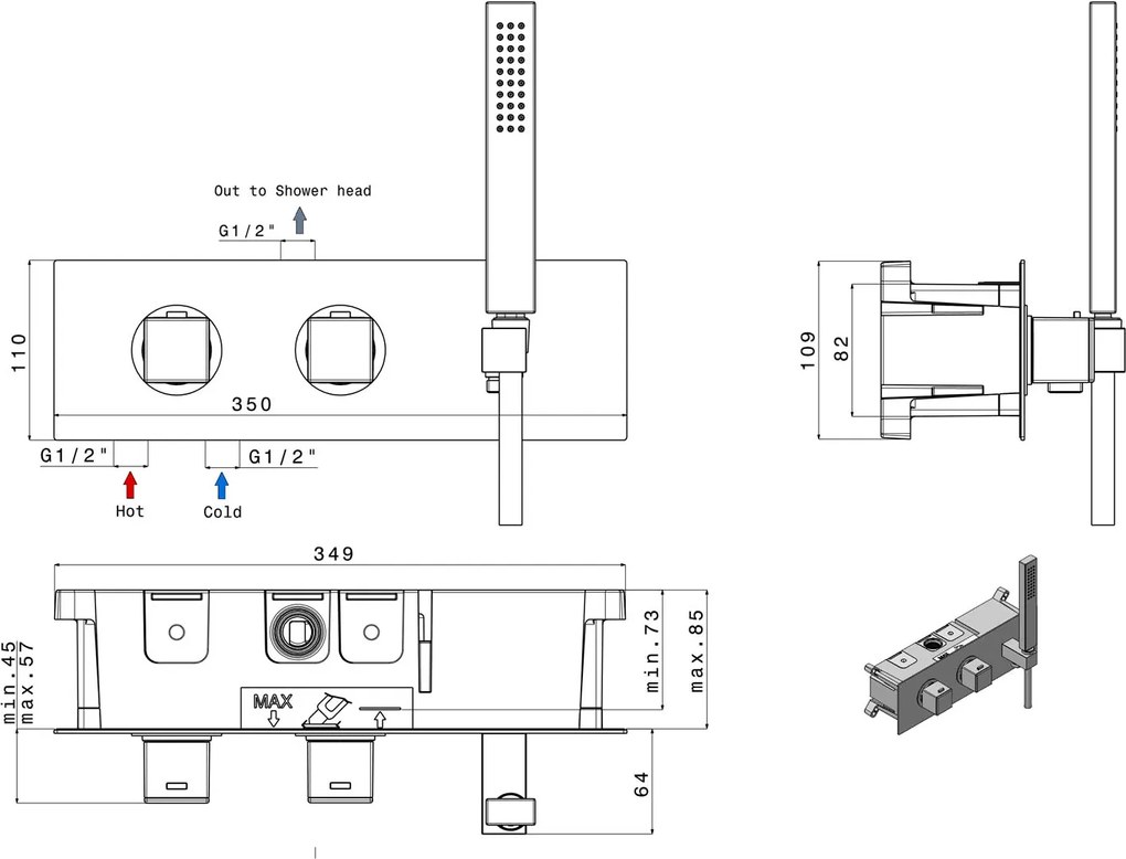 Sapho Dimy DM493BL sprchová termostatická baterie podomítková 2 výstupy černá