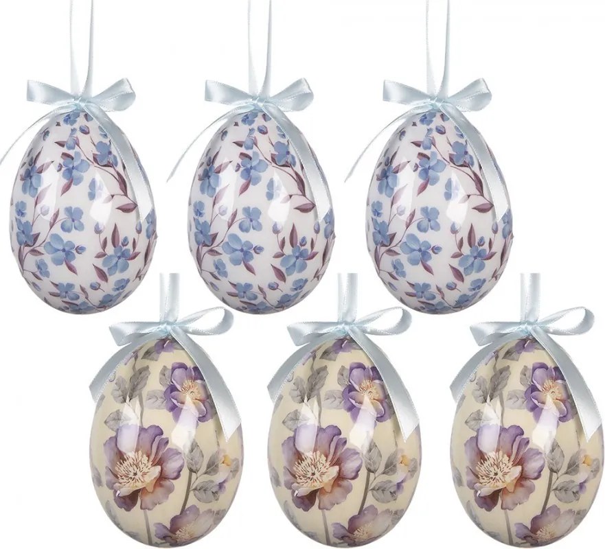 6ks dekorace bílé a béžové závěsné vajíčko s květy Spring Egg - Ø 7*10 cm