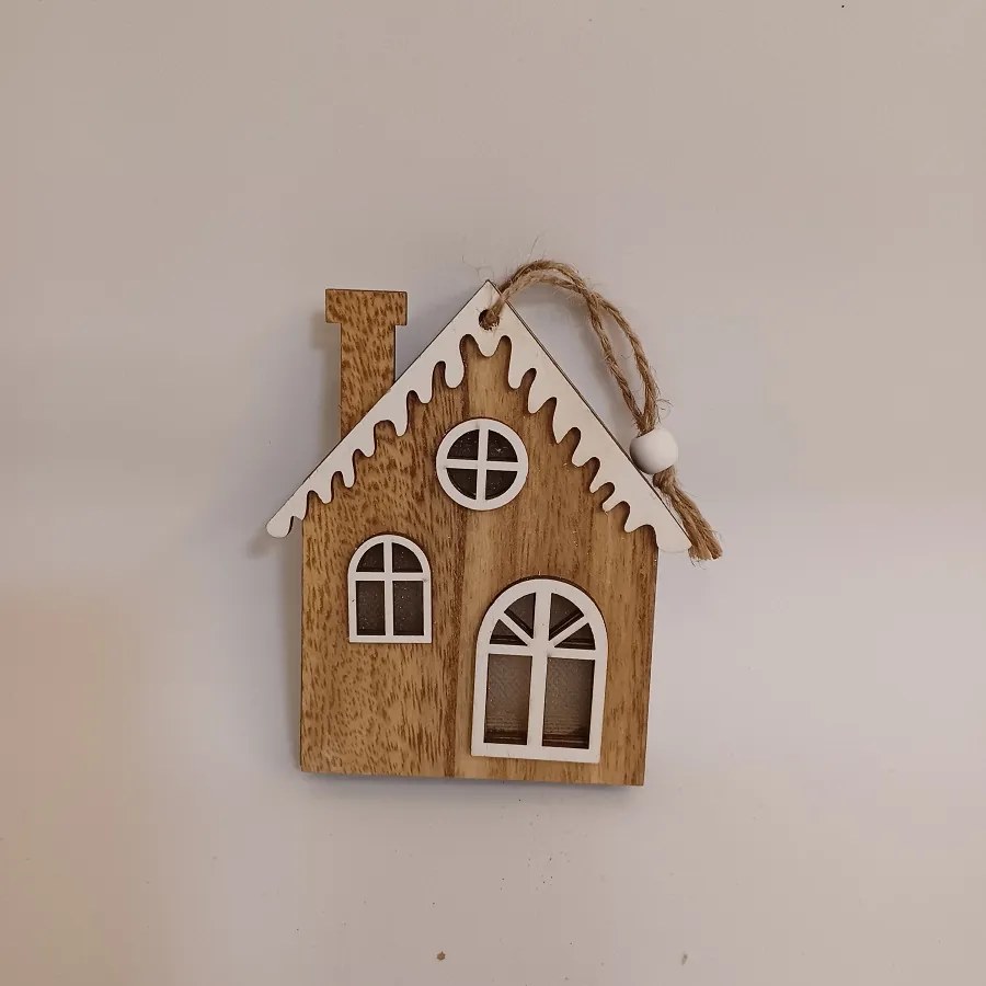 Vánoční dřevěná ozdoba domeček, 9 × 12 cm, závěsný