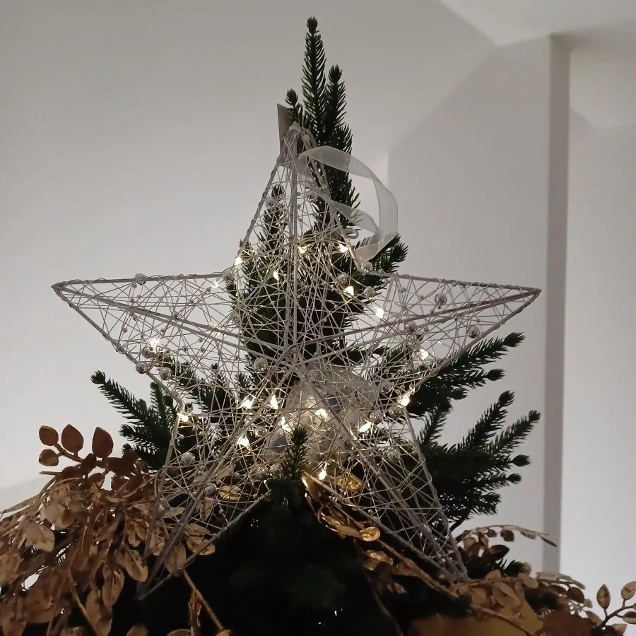 3D LED vánoční hvězda na baterie, 30 × 30 × 8 cm, kovová s drátem, 20 diod, AA