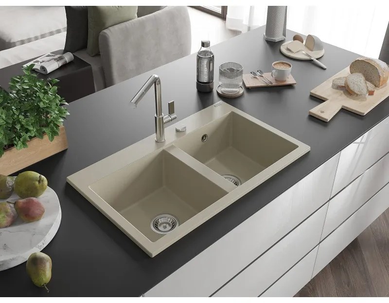 Mexen Hektor, 2-komorový granitový dřez 800x480x205 mm, béžová, chromový sifon, 6521802000-69