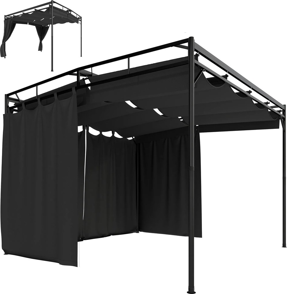 Outsunny pergola 3 × 3 m — voděodolná zatahovací střecha se závěsy, volně stojící zahradní pavilon, stabilní přístřešek na terasu | Aosom