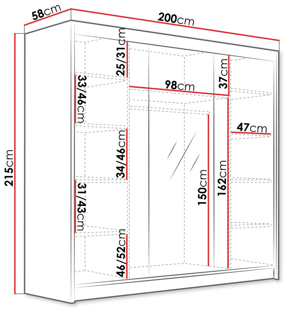 Šatní skříň 200 cm s posuvnými dveřmi TIOGA - bílá / černá