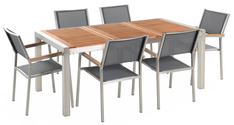 Souprava zahradního nábytku mahagonová deska 180 cm 6 šedých židlí GROSSETO