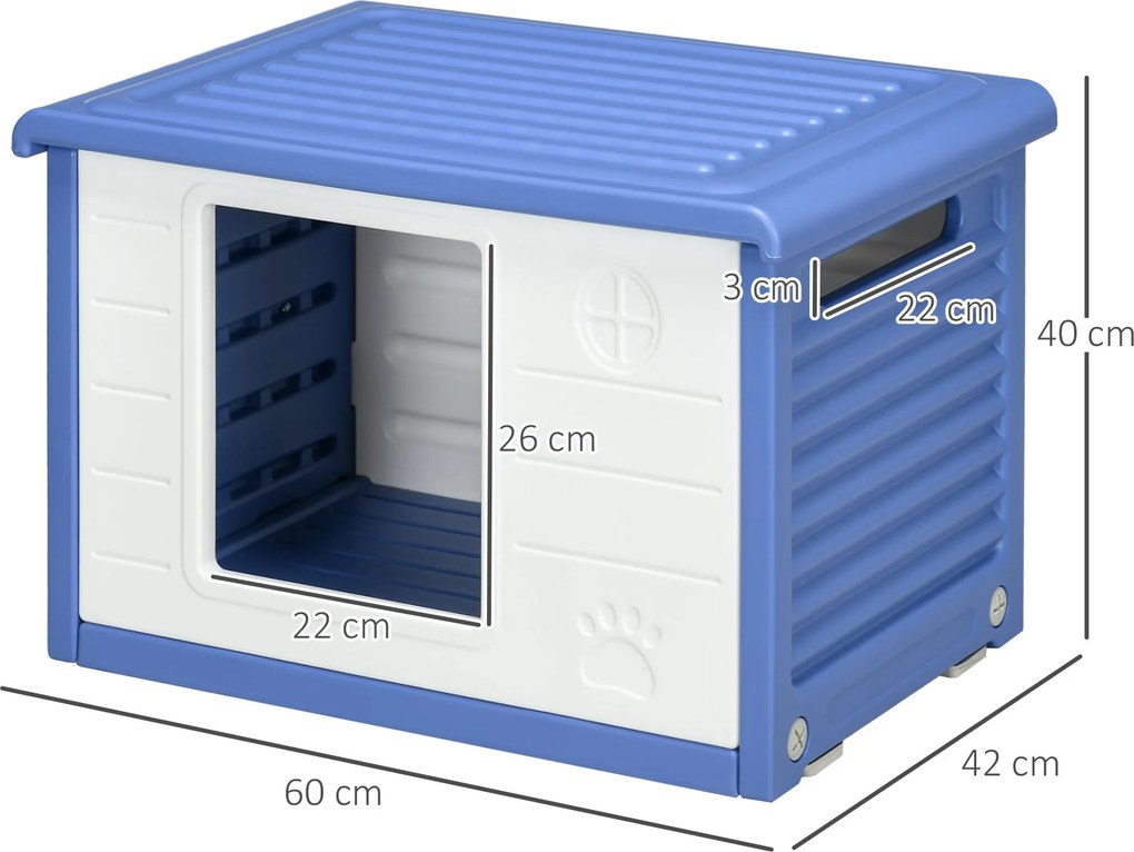 PawHut Venkovní Psí Bouda Plastový Úkryt pro Štěňata s Vodotěsnými Větracími Otvory, Rozměry 60D x 42Š x 40V cm Modrá a Bílá