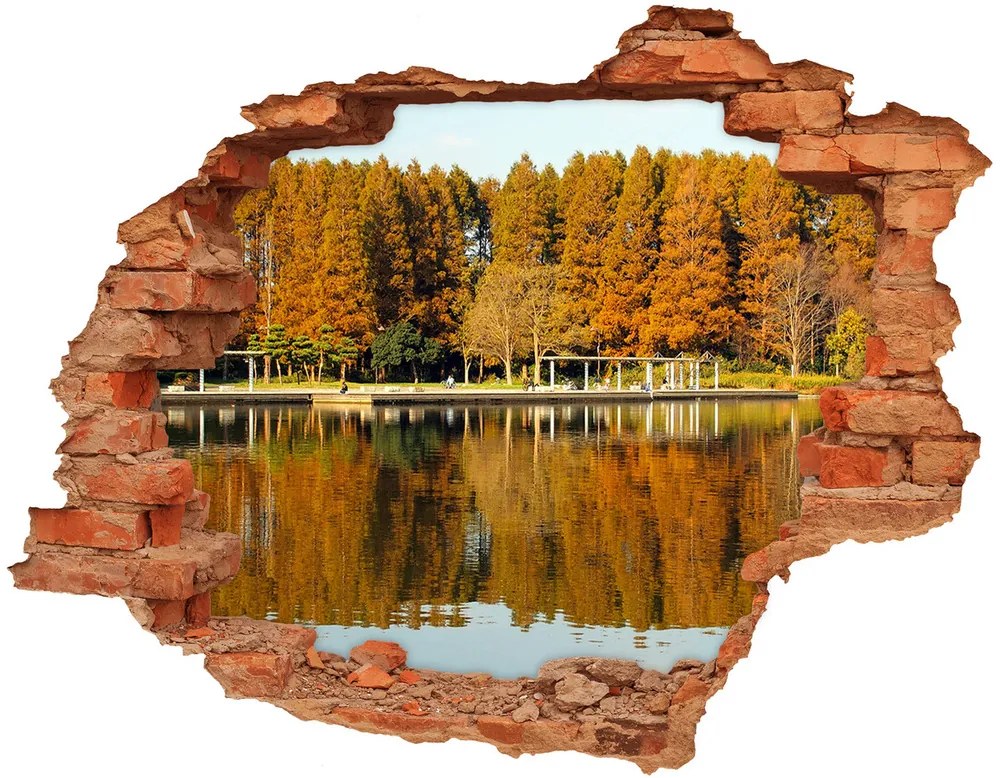 Wallmuralia Nálepka 3D díra na zeď beton Les nad jezerem 90x70 cm