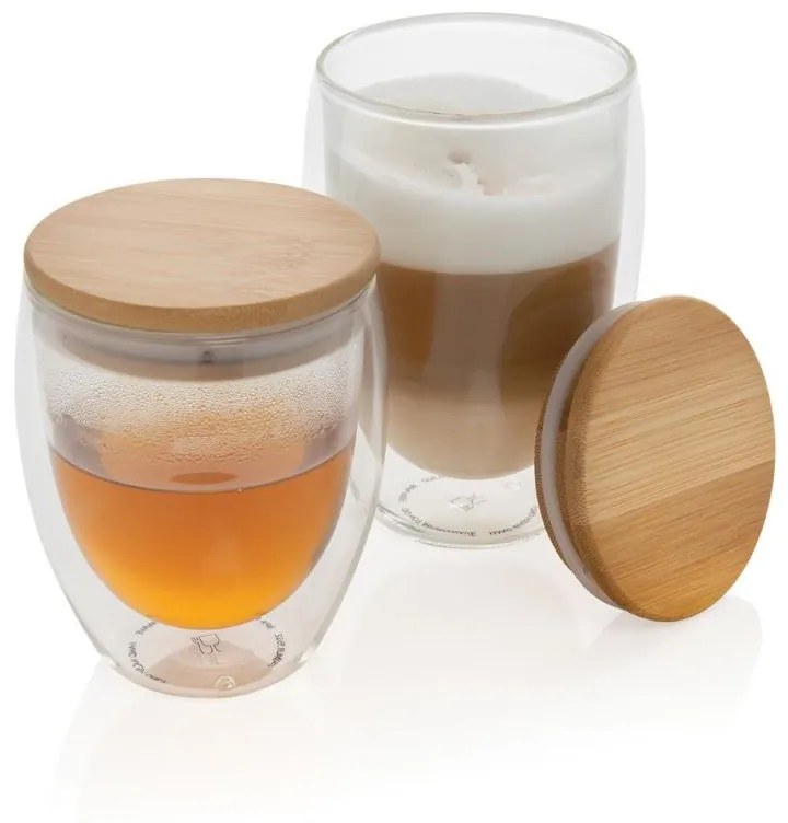 Set dvou dvoustěnných sklenic s bambusovým víčkem, 350ml, XD Design, čirá