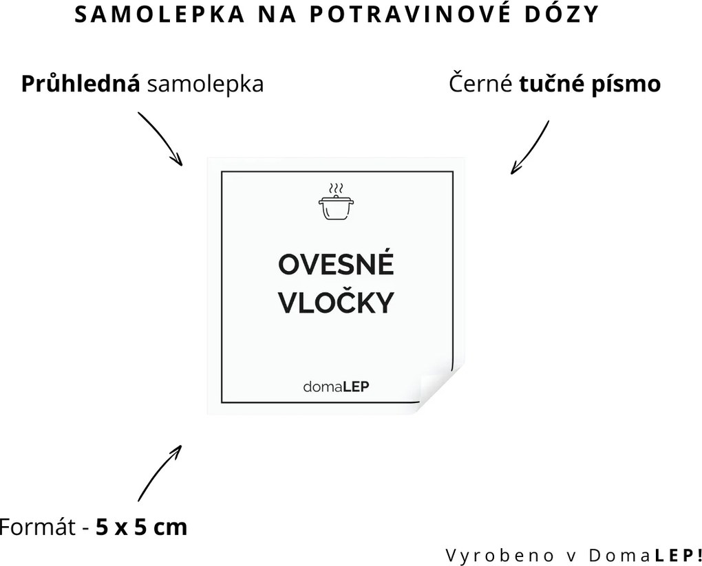 OVESNÉ VLOČKY - omyvatelná samolepka na dózu, výběr rozměrů Ø 5 cm / 5 x 5 cm / 6 x 8 cm | DomaLEP tvar: KOLEČKO, barva: PRŮHLEDNÁ - ČERNÉ písmo, velikost: Ø 5 cm - základní písmo
