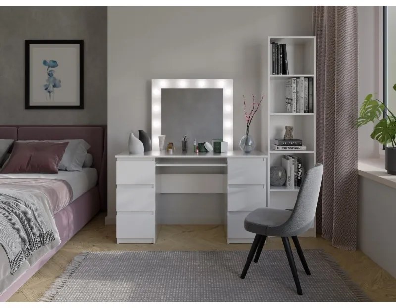 Toaletní stolek HOLLOW - bílý + zrcadlo a LED osvětlení ZDARMA