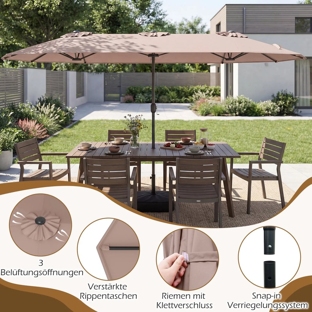Costway Dvojitý slunečník se stojanem UPF 50+ – 400 × 200 cm, hnědý