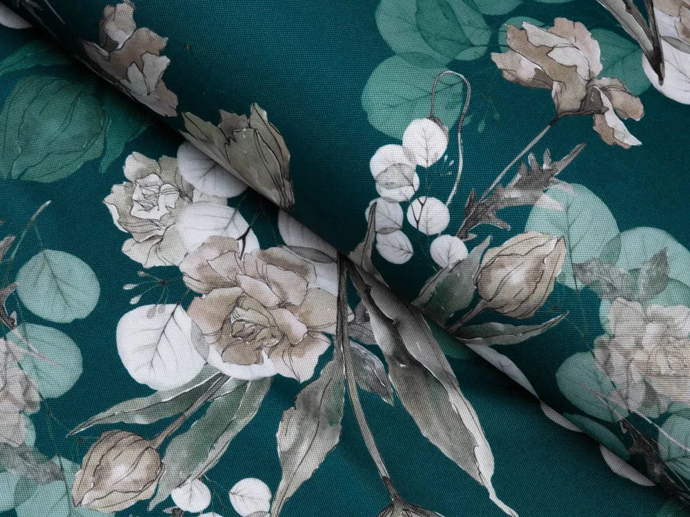 Biante Dekorační povlak na polštář TF-058 Květy s eukalyptem na tmavě zeleném 35 x 45 cm