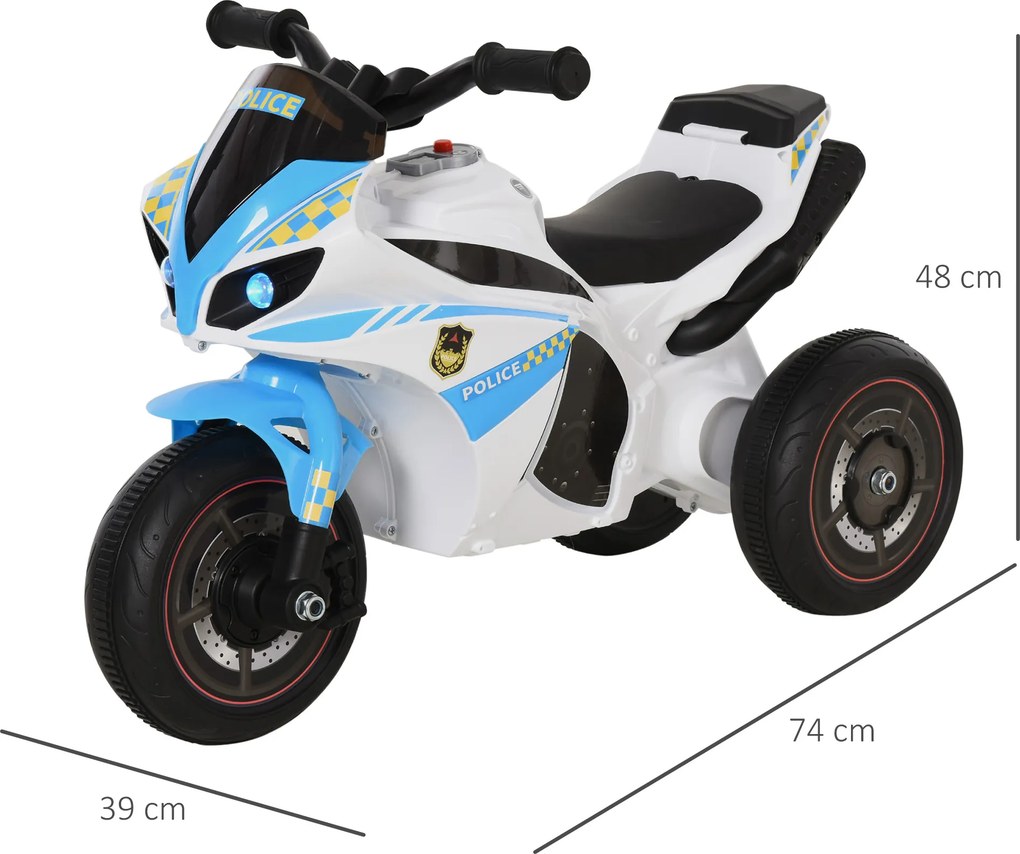HOMCOM Dětská závodní motorka s hudebními a světelnými efekty a úložným prostorem Modrá Bílá