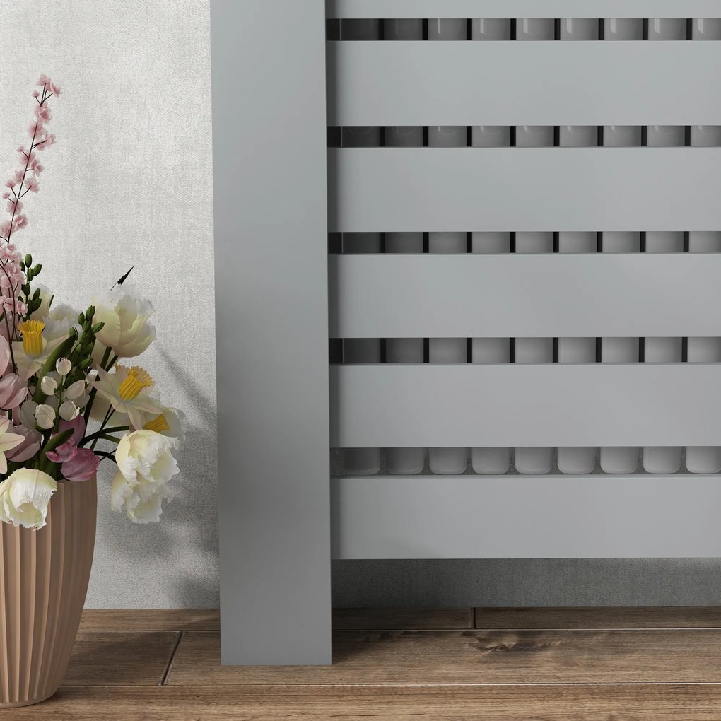 HOMCOM kryt radiátoru s lamelami z MDF, mřížkový kryt se 2 zásuvkami, 111x19x95,5 cm, šedý