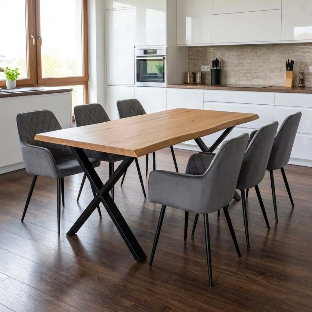 Vikio Jídelní set pro 6 osob 180x90 cm soft dub noha X šedá židle s područkami VJS228-6S