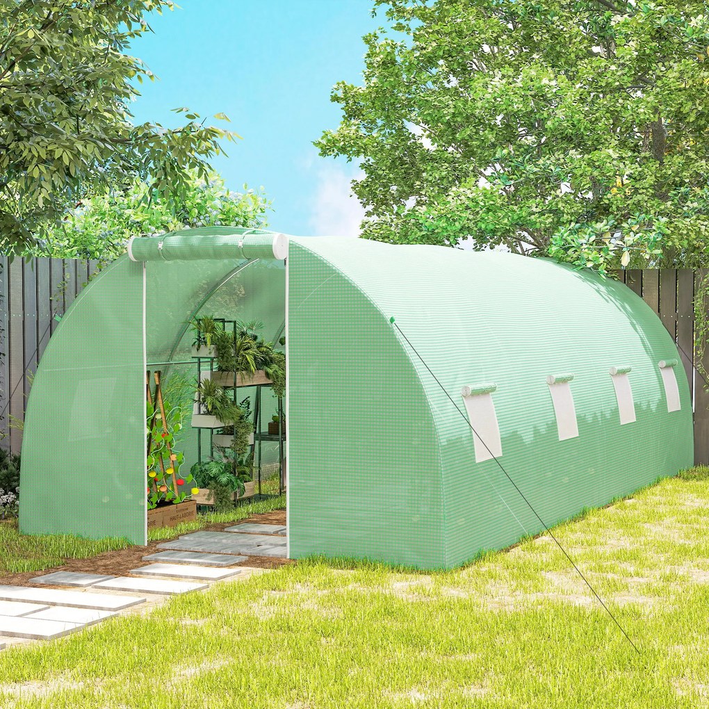 Outsunny Fóliový skleník, průchozí, 8 oken se sítí proti hmyzu, robustní fólie, ocelový rám, 6 x 3 x 2 m, zelený