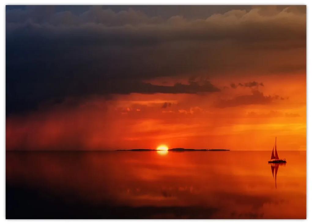 Skleněný obraz západu slunce s plachetnicí (70x50 cm)