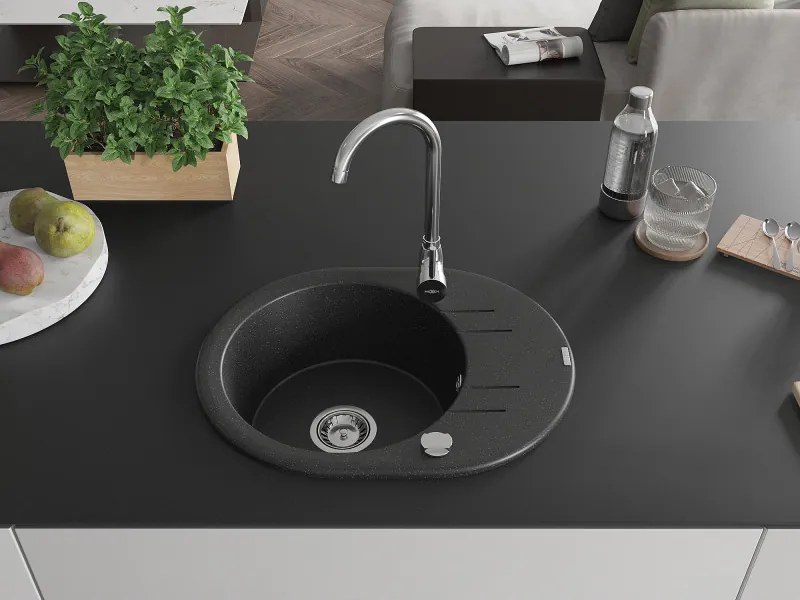 Mexen Kevin, granitový dřez 586x458x190 mm, 1-komorový, černá - stříbrná metalíza, 6517581005-73