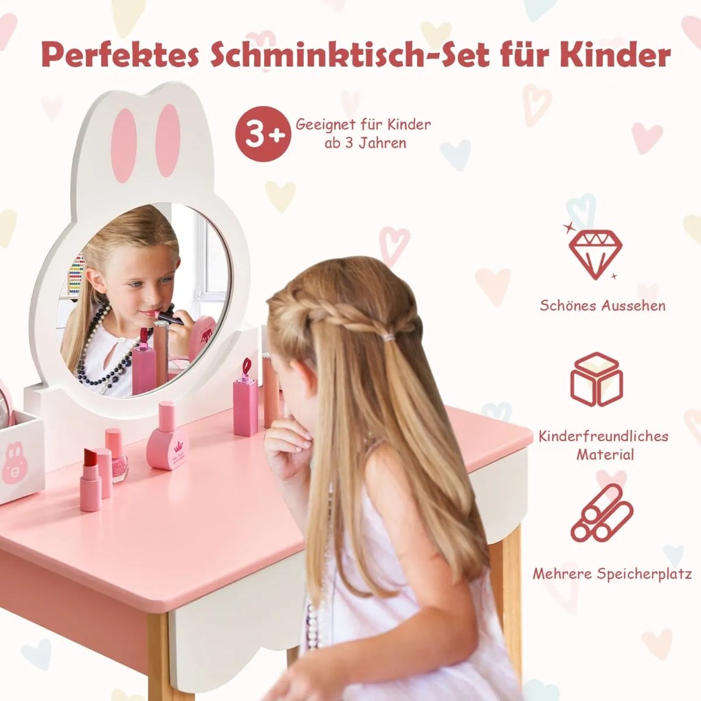 Costway Dětský toaletní stolek s taburetem Princess růžová + – 60 × 34 × 103 cm