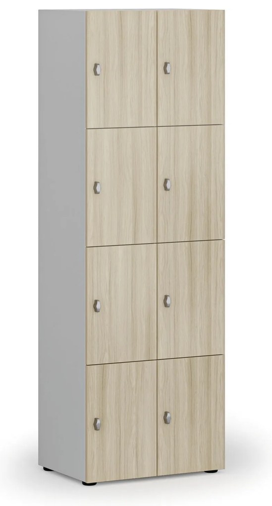 Dřevěná šatní skříňka S4 s úložnými boxy, 8 boxů, demont, otočný zámek, šedá/dub přírodní