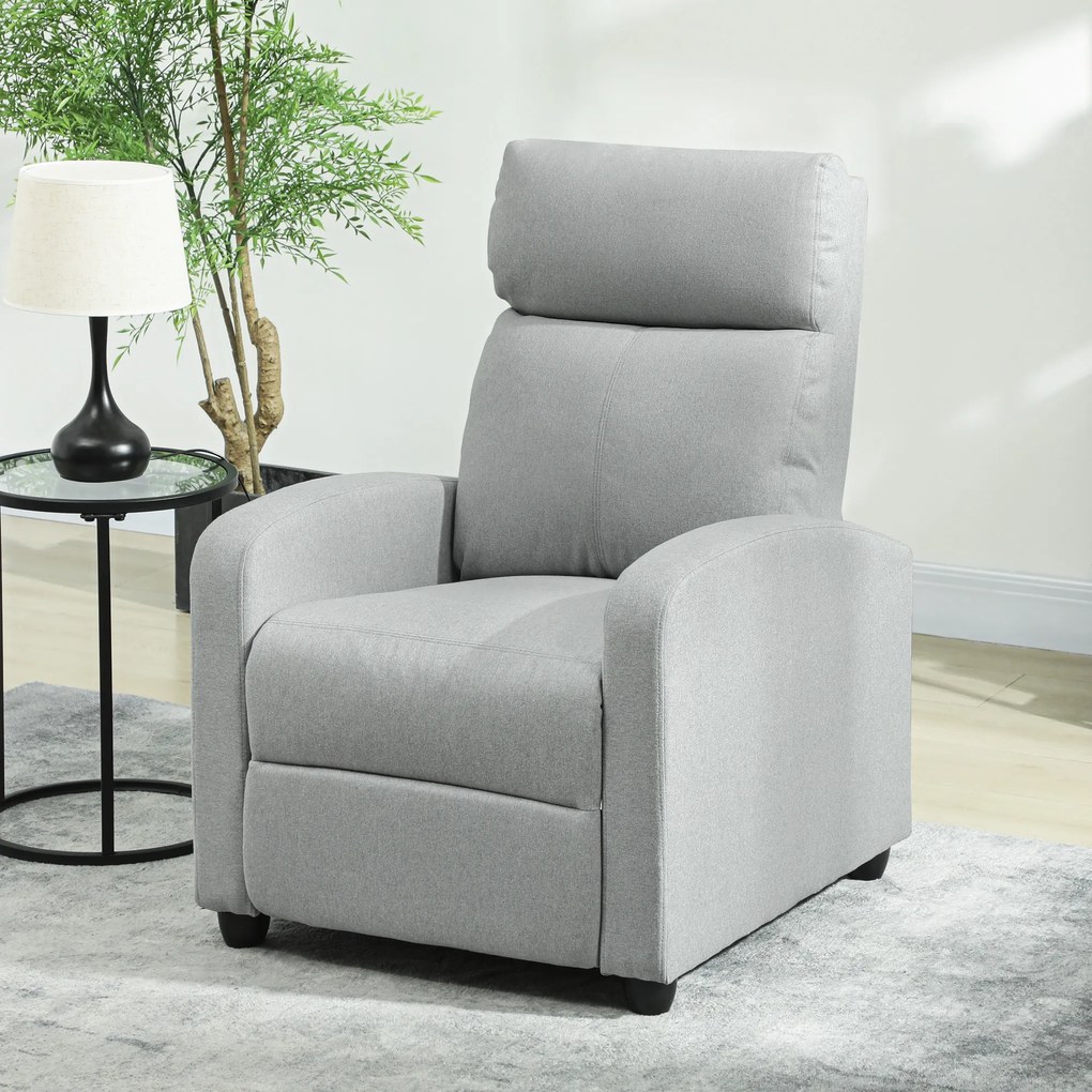 HOMCOM Relaxační křeslo, nastavitelné 135°, vysouvací podnožka, polstrovaná opěradla, lněný/polyester, světle šedá