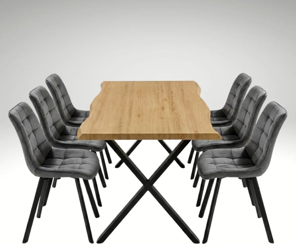 Vikio Jídelní set pro 6 osob 180x90 cm soft dub noha X šedá židle VJS238-6S-S