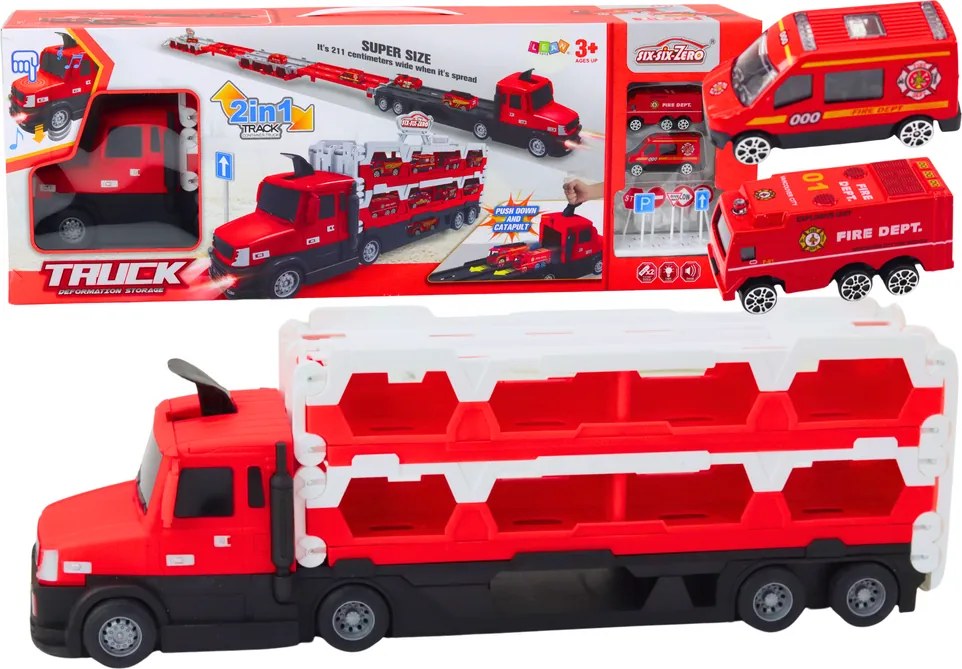 LEAN Toys Lora Odtahovka Závodní dráha 2 v 1 Světla Zvuky Značky Autíčka Červená